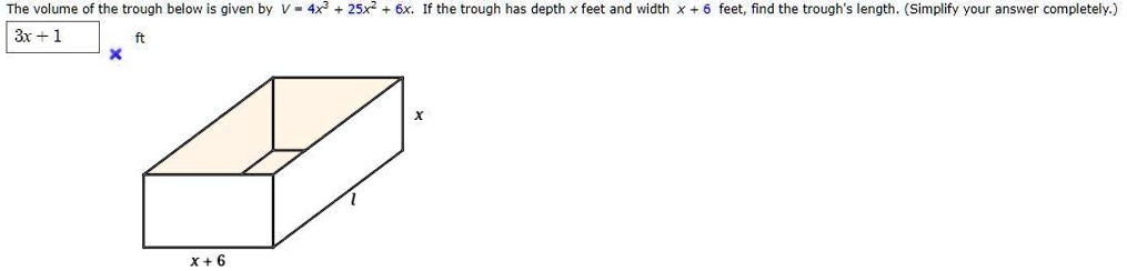 SOLVED: The volume of the trough below is given by V -4r 25x" 6x. If ...