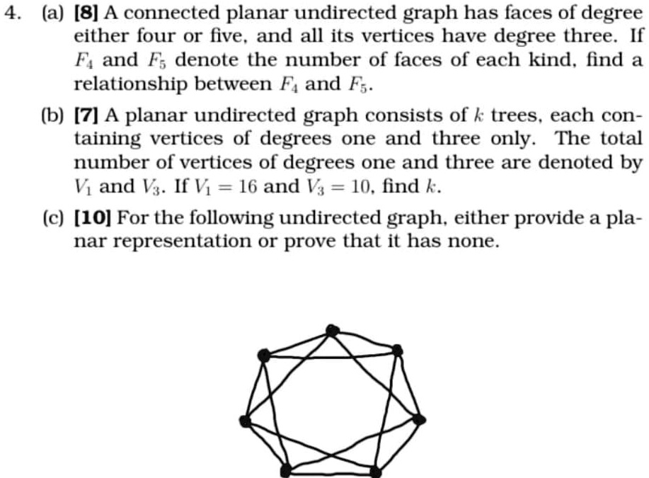 SOLVED: 4_ (a) [8] A connected planar undirected graph has faces 0f degree either four or five ...