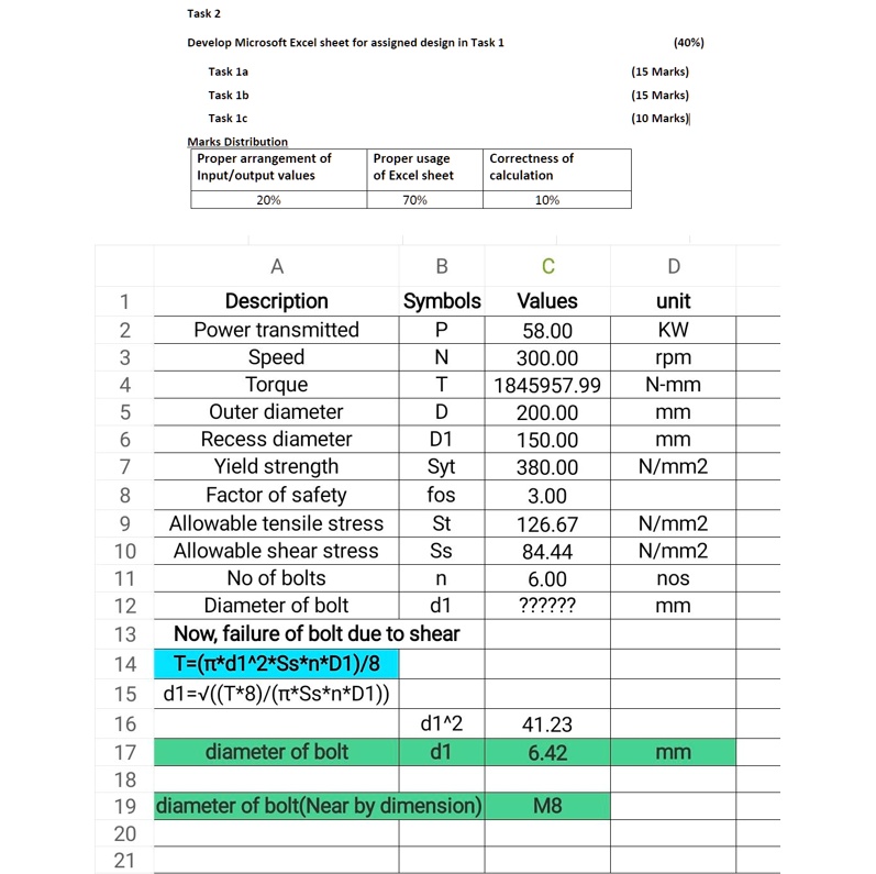 task 2 develop microsoft excel sheet for assigned design in task 1 40 ...