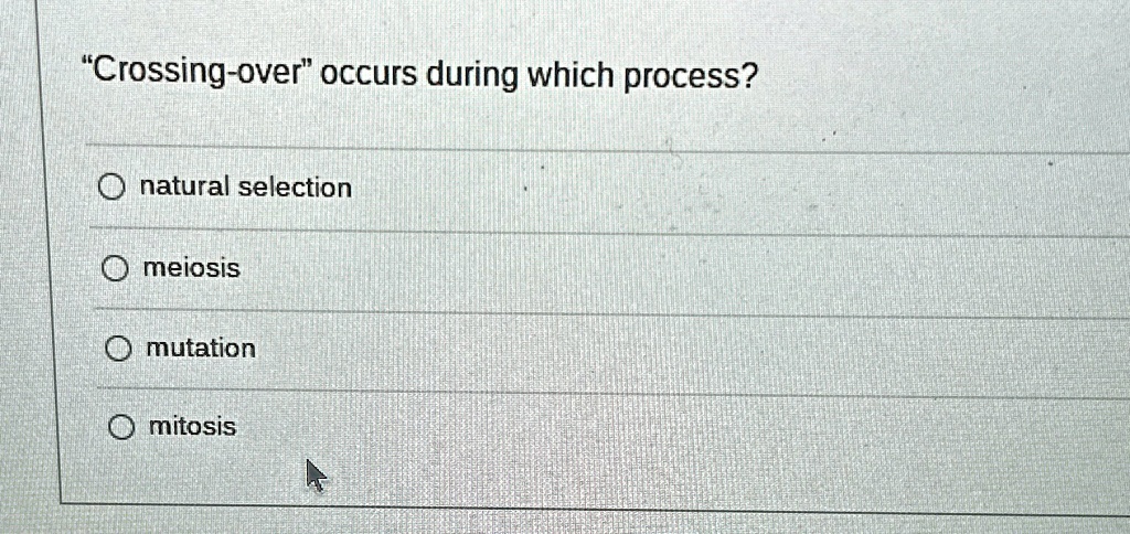 SOLVED: "Crossing-over" occurs during which process? natural selection ...