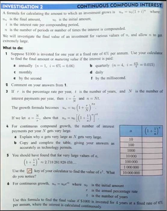 SOLVED: INVESTIGATION 2 CONTINUOUS COMPOUND INTEREST n = u(1 + i) where ...