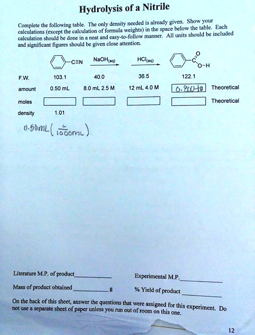 SOLVED: Hydrolysis of a Nitrile Complete the following table; The only ...