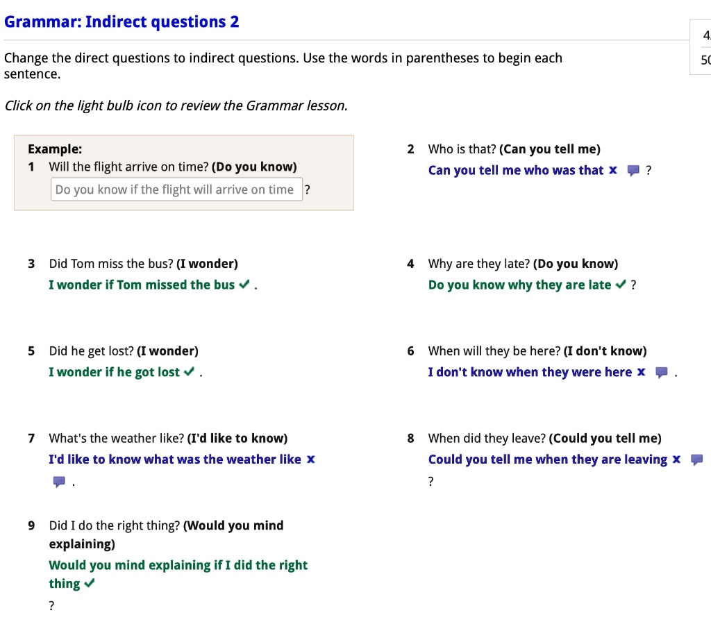 Grammar: Indirect questions 2 Change the direct questions to...