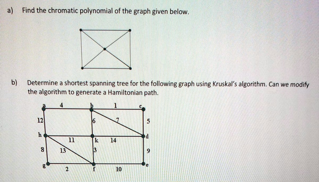 a) Find the chromatic polynomial of the graph given below. b) Determine ...