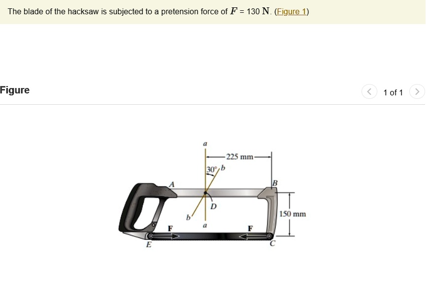 The blade of the hacksaw is subjected to a pretension force of F = 130 ...