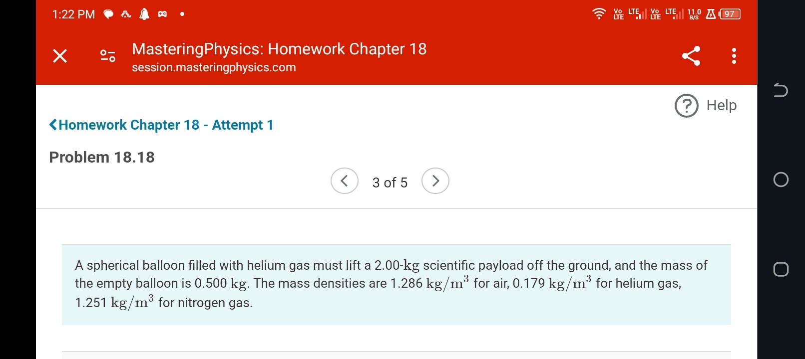 1:22 PM ∞ Vo LTE Vo B / 511.0 97 ? MasteringPhysics: Homework Chapter 18 session ...