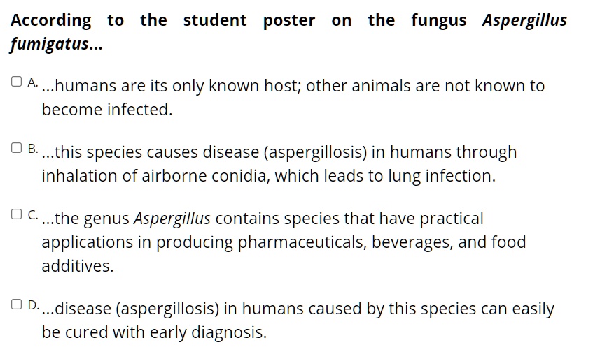 SOLVED:According to the student poster on the fungus Aspergillus ...