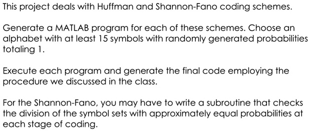 Solved This Project Deals With Huffman And Shannon Fano Coding Schemes Generate A Matlab 