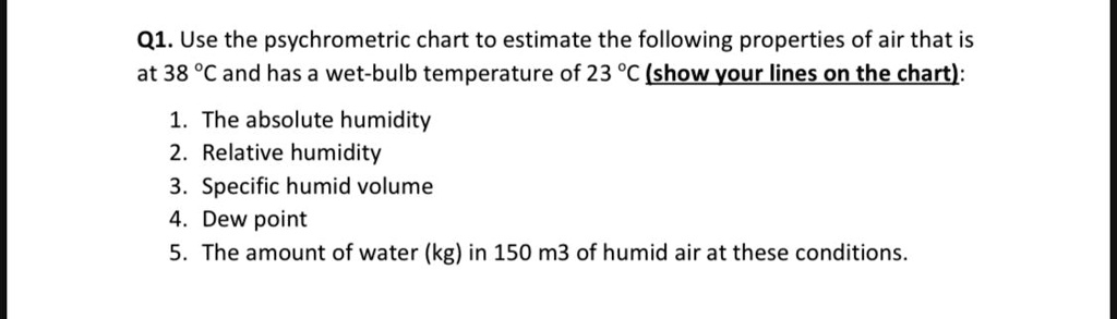 SOLVED: Q1. Use the psychrometric chart to estimate the following properties of air that is at ...