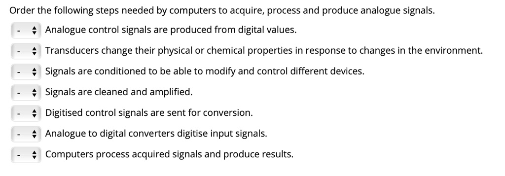 SOLVED: Order the following steps needed for computers to acquire, process, and produce analog ...