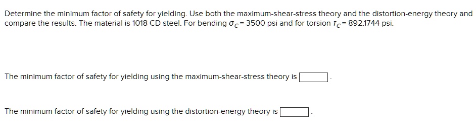 SOLVED: Determine the minimum factor of safety for yielding. Use both ...