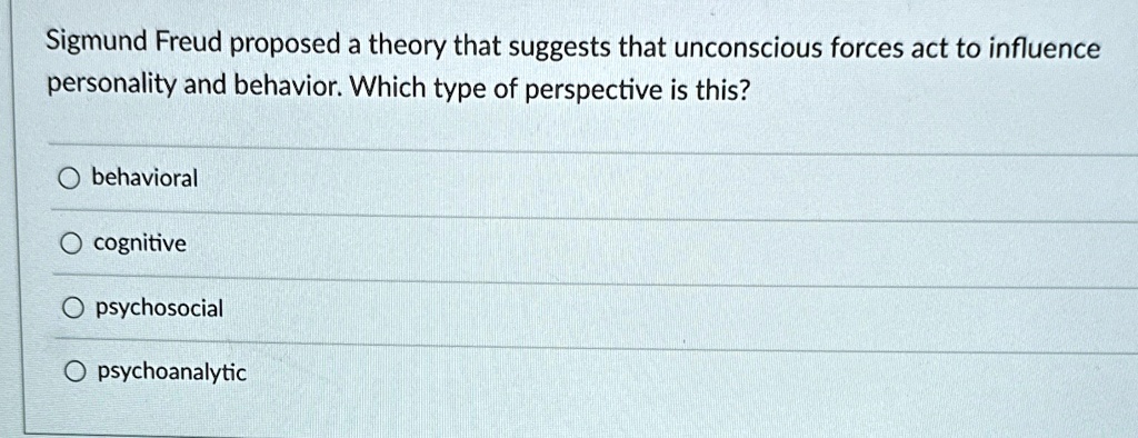 Sigmund Freud proposed a theory that suggests that unconscious forces ...