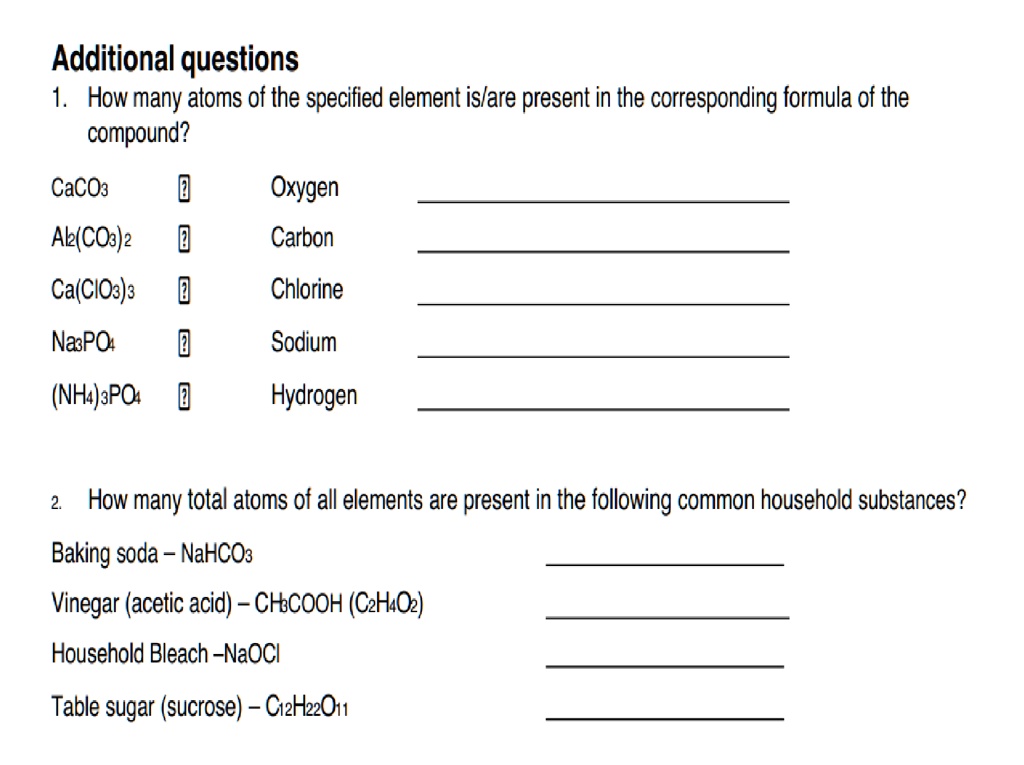 SOLVED: Additional questions: 1. How many atoms of the specified element is/are present in the ...