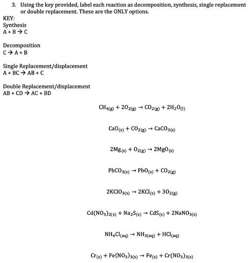 SOLVED: Using the key provided, label each reaction as decomposition ...