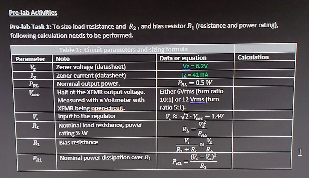 Pre-lab Activities Pre-lab Task 1: To size load resistance and R2, and ...