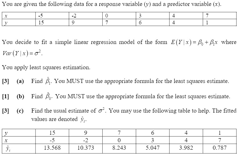 you are given the following data for response variable and a predictor variable x you decide to ...