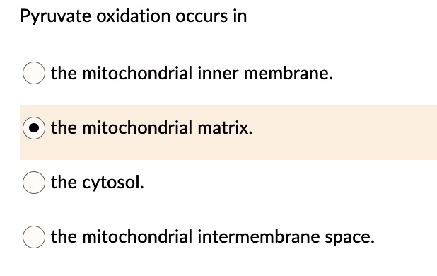 SOLVED: Pyruvate oxidation occurs in the mitochondrial inner membrane ...