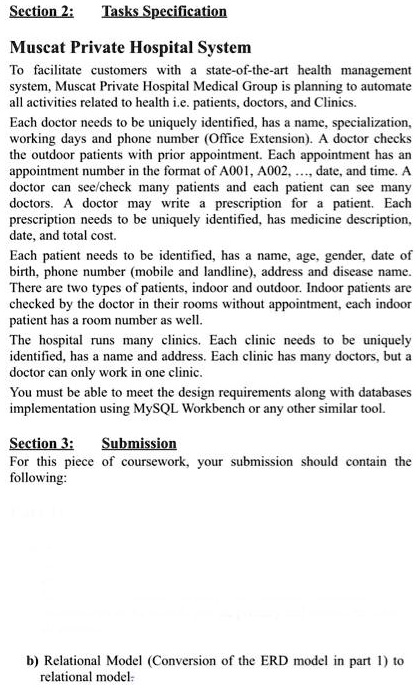 SOLVED: Section 2: Tasks Specification Muscat Private Hospital System To facilitate customers ...
