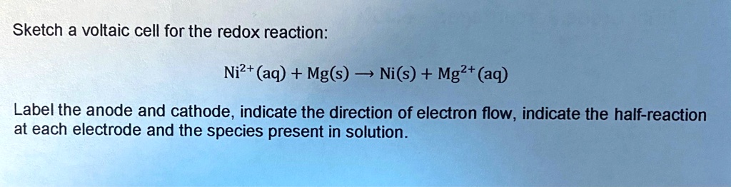 SOLVED: Sketch a voltaic cell for the redox reaction: Ni2+ (aq) + Mg(s) Ni(s) + Mg2+ (aq) Label ...