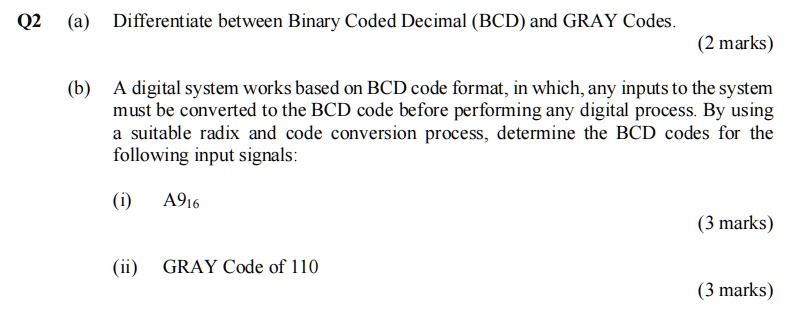 Solved Q2 A Differentiate Between Binary Coded Decimal Bcd And Gray Codes 2 Marks B A 