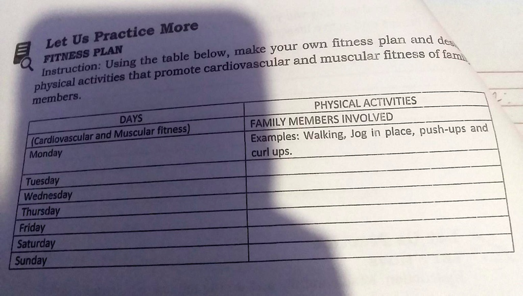 SOLVED: Let Us Practice More FITNESS PLAN Instruction: Using the table ... SOLVED: Let Us Practice More FITNESS PLAN Instruction: Using the table ...