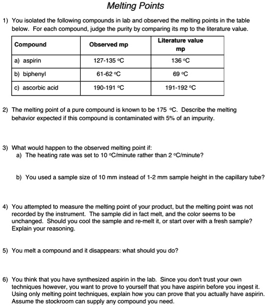 melting points you isolated the following compounds in lab and observed the melting points in ...
