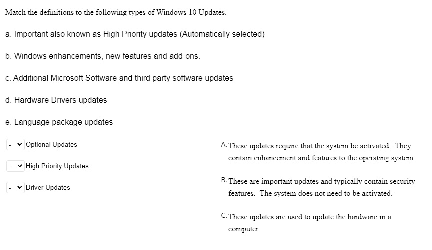 Match the definitions to the following types of Windows 10 Updates. a ...