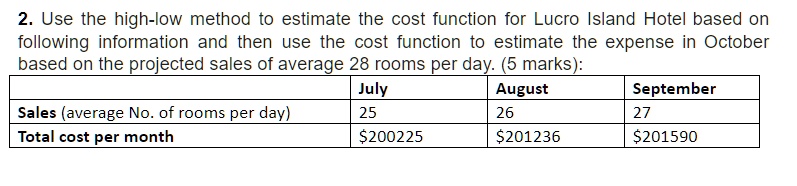 SOLVED: Use the high-low method to estimate the cost function for Lucro ...