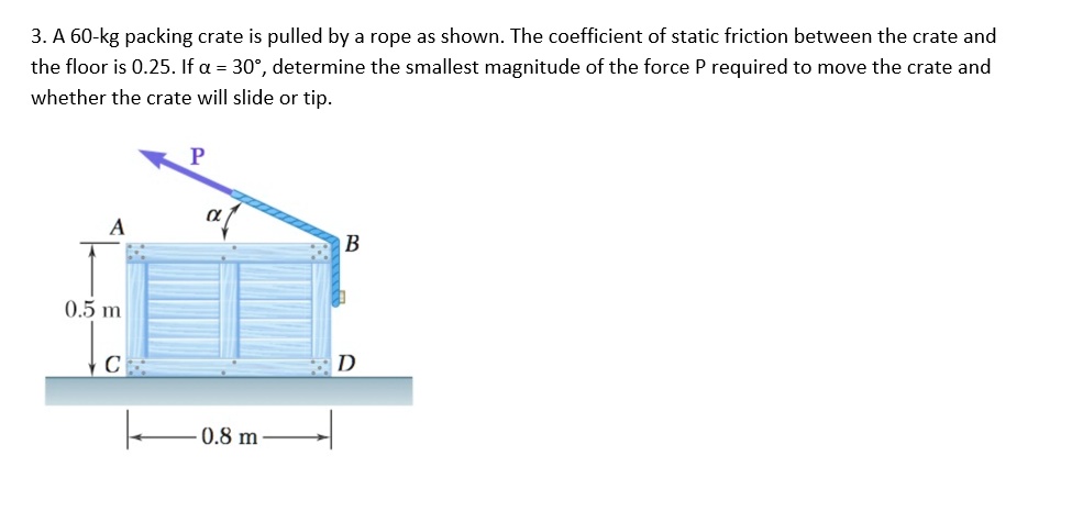 SOLVED: 3. A 60-kg packing crate is pulled by a rope as shown. The coefficient of static ...