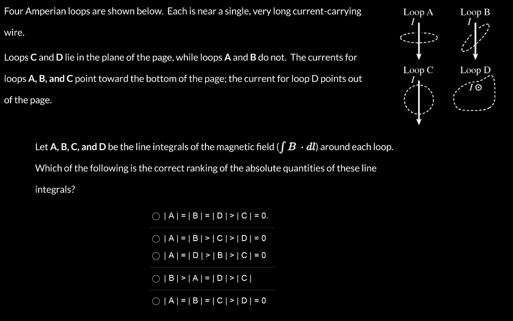 SOLVED: Four Amperian loops are shown below: Each is near a single, very long current-carrying ...