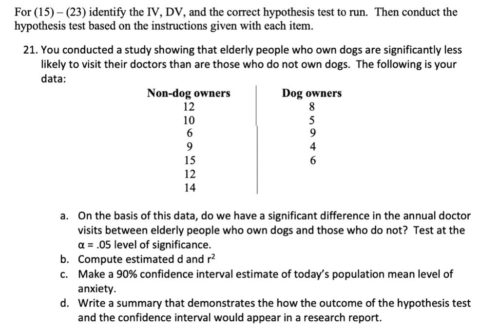 For (15) (23), identify the IV, DV, and the correct hypothesis test to ...