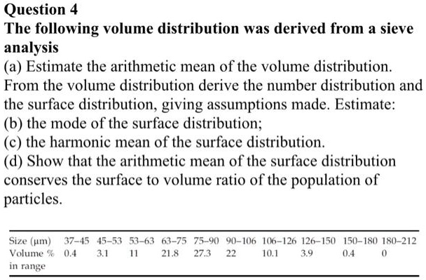 Question 4 The following volume distribution was derived from a sieve ...