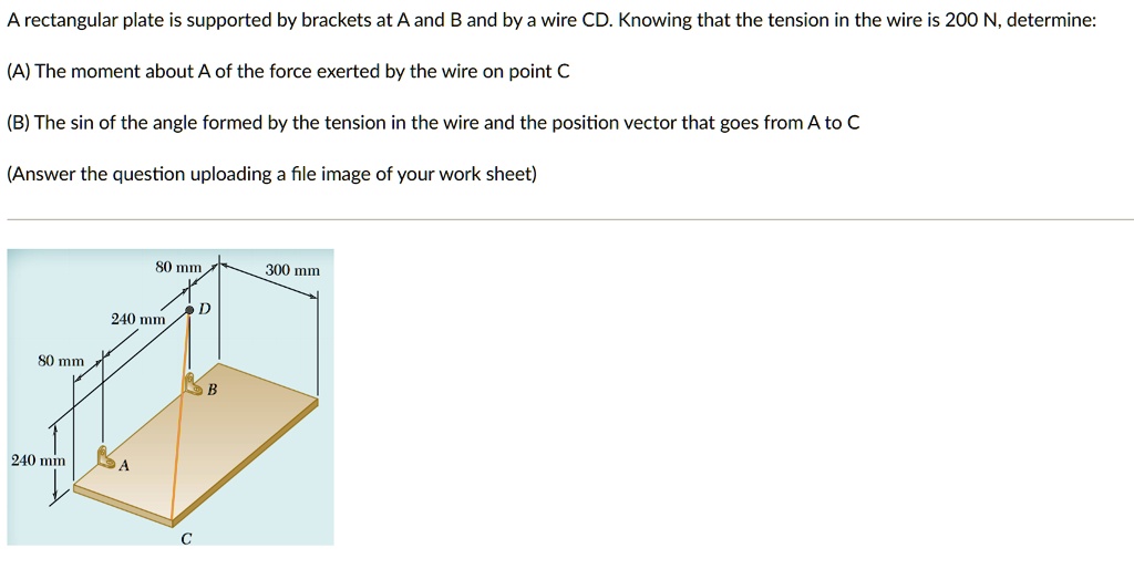 a rectangular plate is supported by brackets at a and b and by wire cd ...