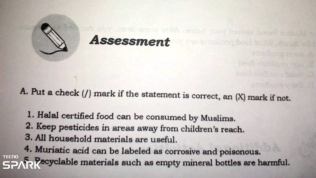 Assessment A. Put a check (/) mark if the statement is correct, an (X) mark if not. 1. Halal ...