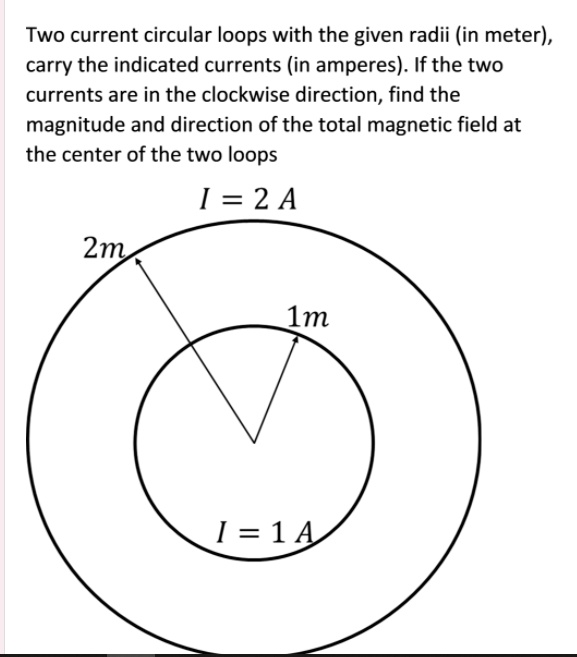 SOLVED:Two current circular loops with the given radii (in meter) , carry the indicated currents ...