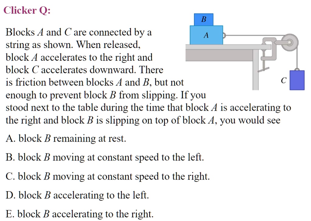 SOLVED: Clicker Q: B Blocks A and C are connected by a string as shown: When released, block A ...