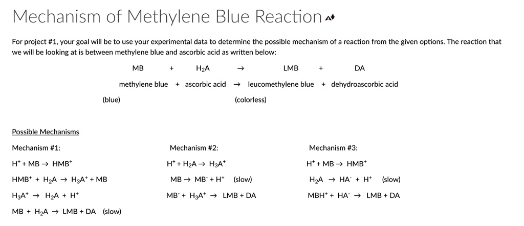 SOLVED: Mechanism of Methylene Blue Reaction - For project #1, your ...