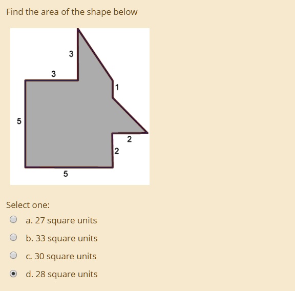 SOLVED: Find the area of the shape below Select one: a.27 square units ...