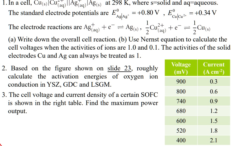SOLVED: The standard electrode potentials are: +0.80 V +0.34 V The electrode reactions are Ag ...