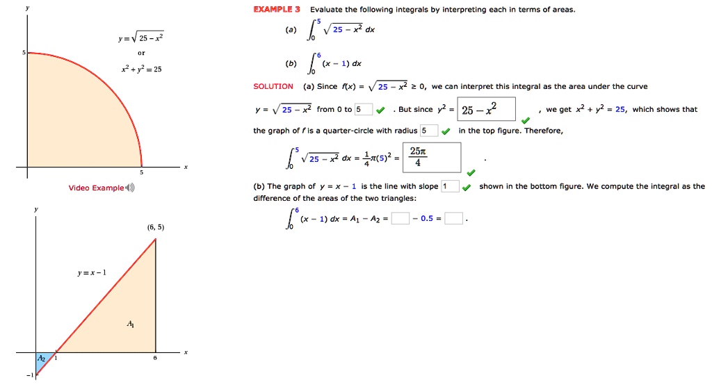 SOLVED: EXAMPLE 3 Evaluate the following integrals by interpreting each in terms areas V25 = x2 ...