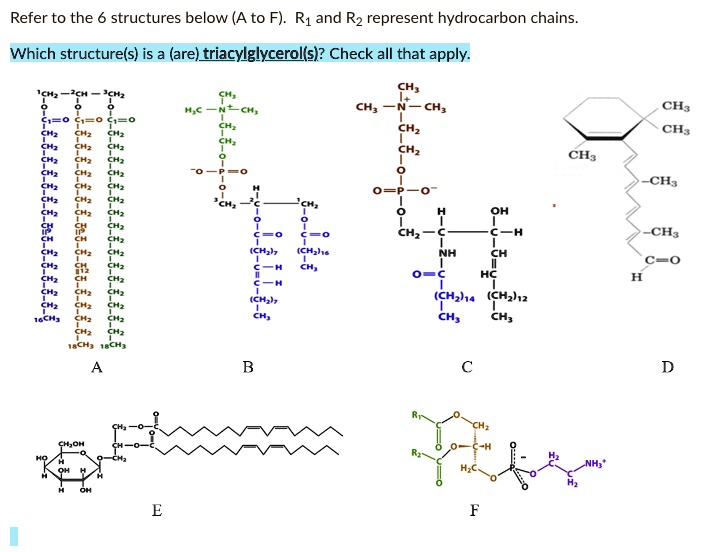 SOLVED: Refer to the 6 structures below(A to F). R and R represent hydrocarbon chains Which ...