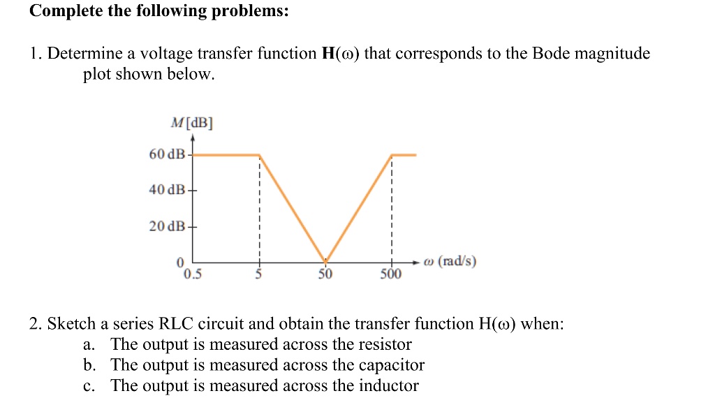 SOLVED: Complete the following problems: 1. Determine a voltage transfer function H(Ï‰) that ...