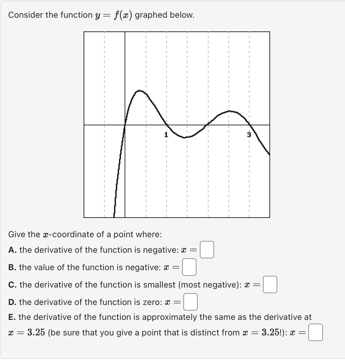 SOLVED: Consider the function y=f(x) graphed below. Give the x-coordinate of a point where: A ...