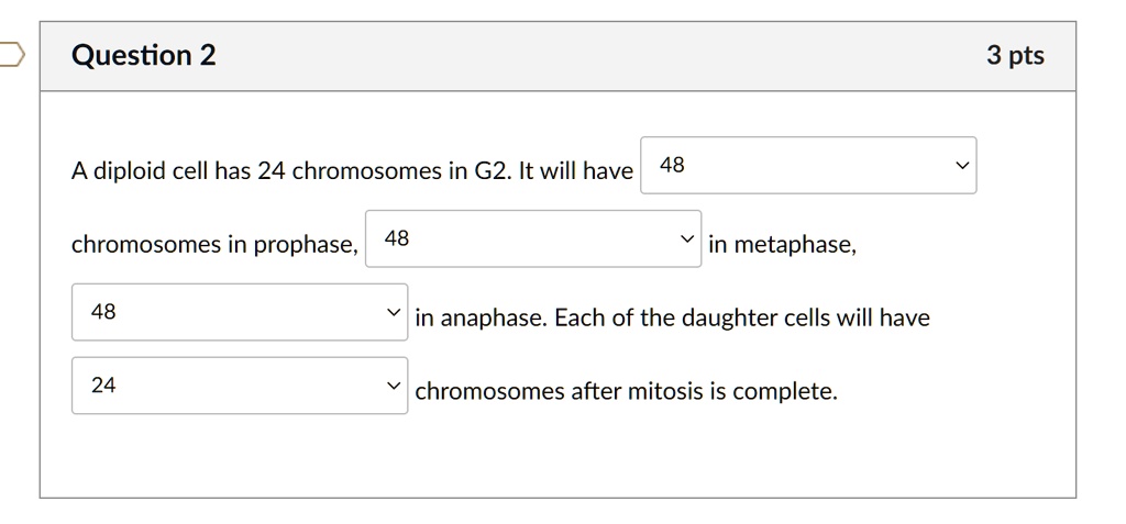 SOLVED: Question 2 3 pts A diploid cell has 24 chromosomes in G2. It ...