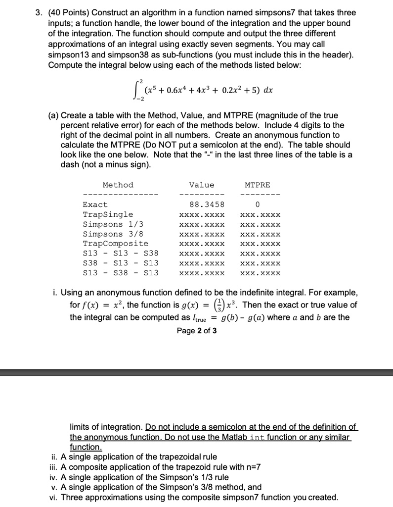 Get Answer 40 Points Construct An Algorithm In A Function Named Simpsons7 That Takes Three 
