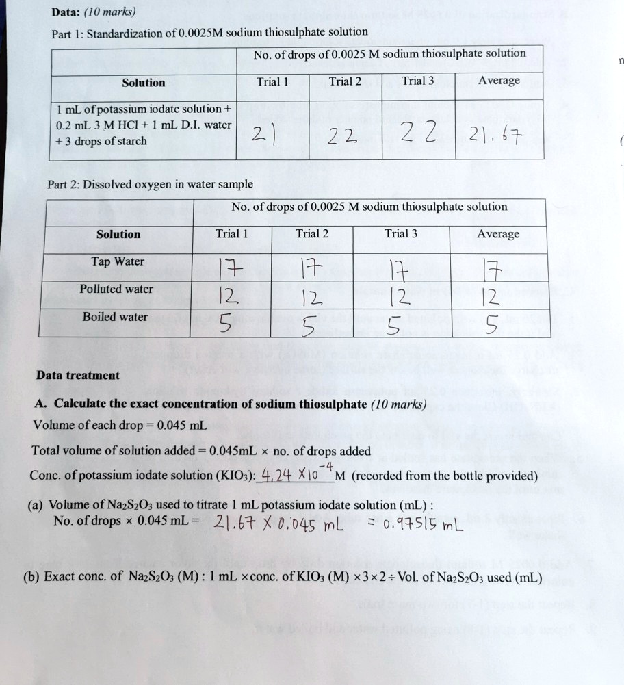 data 10 marks part 1 standardization of 0002sm sodium thiosulphate ...