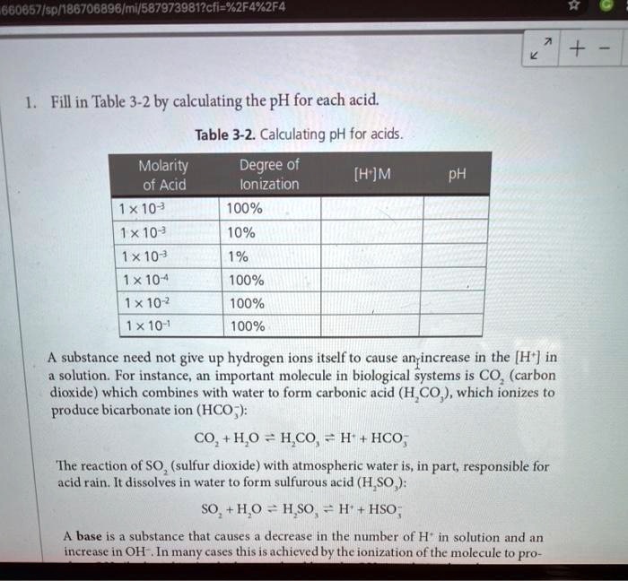 SOLVED:660857/50/186706896/mi/5879739812cfi-%2F4%2F4 Fill in Table 3-2 by calculating the pH for ...