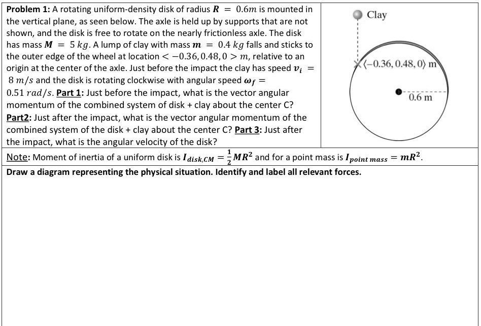 SOLVED: Problem 1: A rotating uniform-density disk of radius R = 0.6m is mounted in the vertical ...