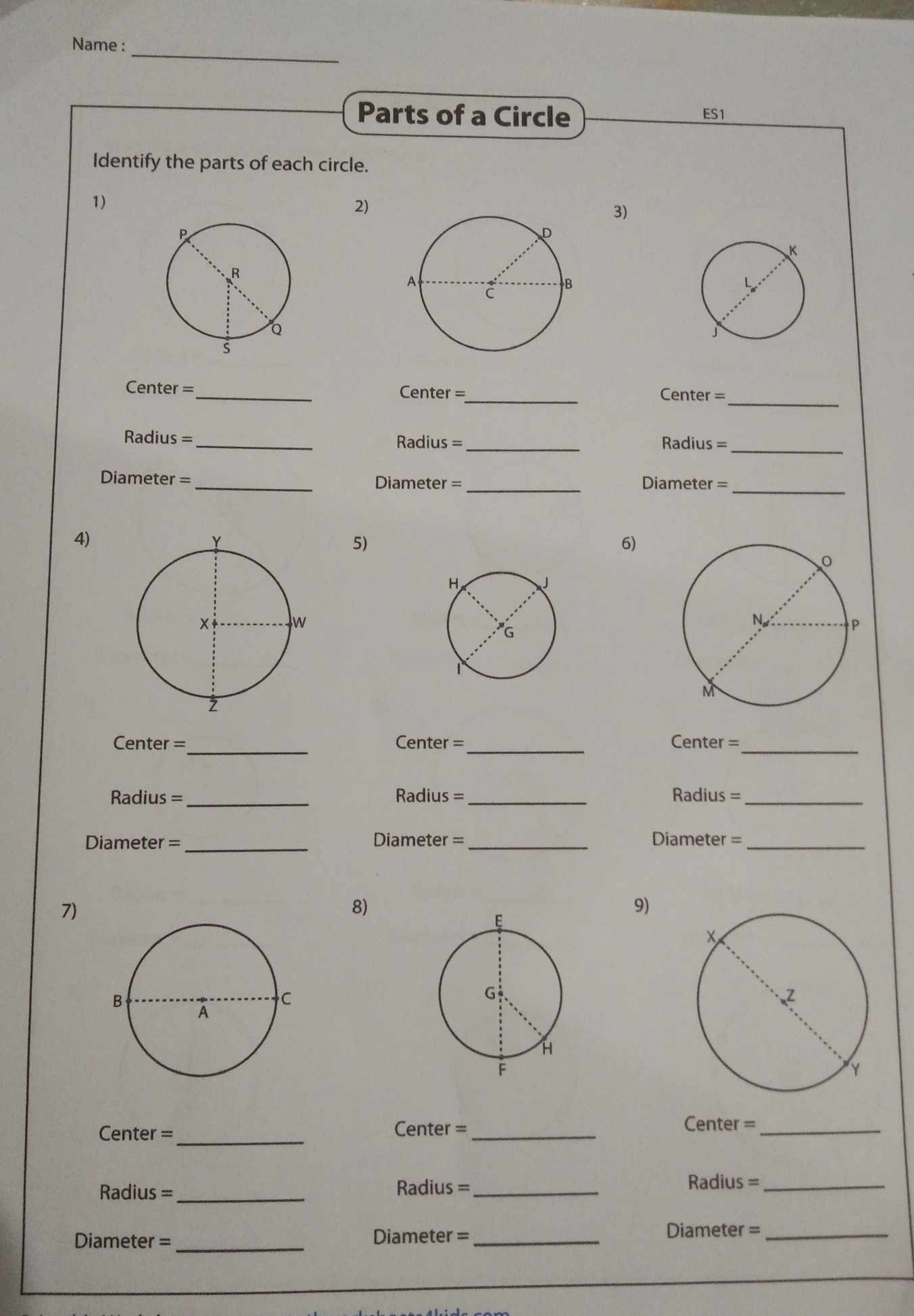 Name: Parts of a Circle ES1 Identify the parts of each circle. 1) 2 ...