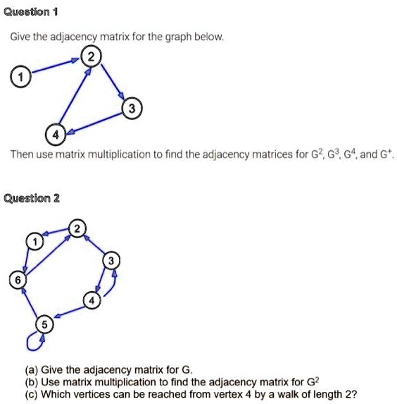 Question 1 Give the adjacency matrix for the graph below. 1 4 2 3 Then use matrix multiplication ...